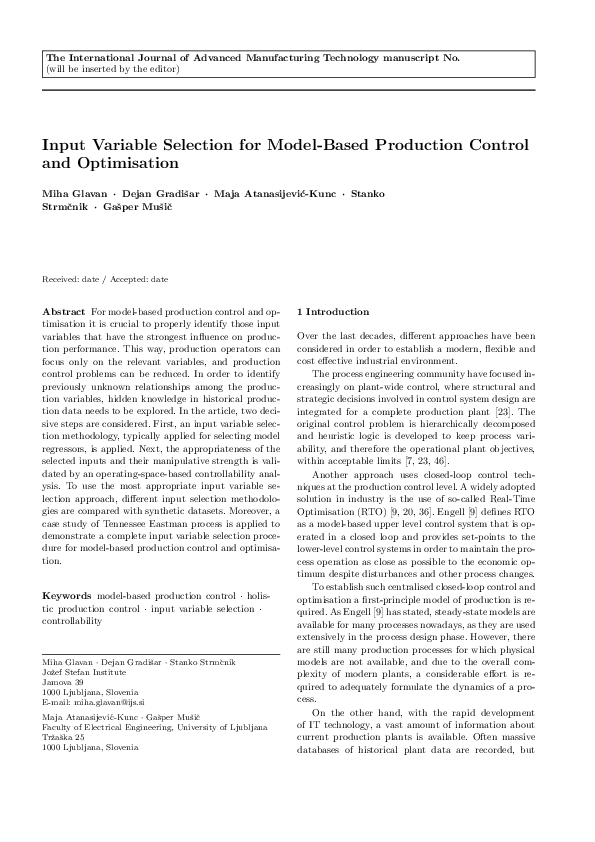 Pdf Input Variable Selection For Model Based Production Control And