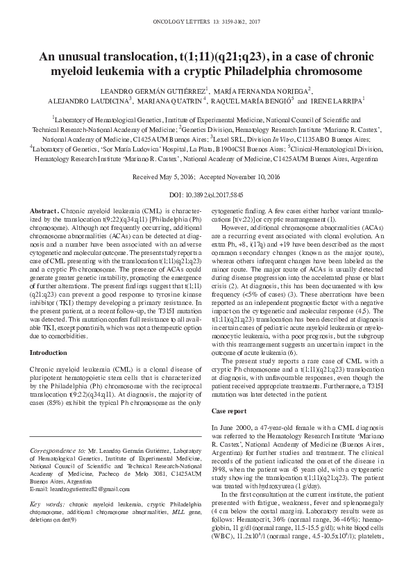(PDF) An unusual translocation, t(1;11)(q21;q23), in a case of chronic ...