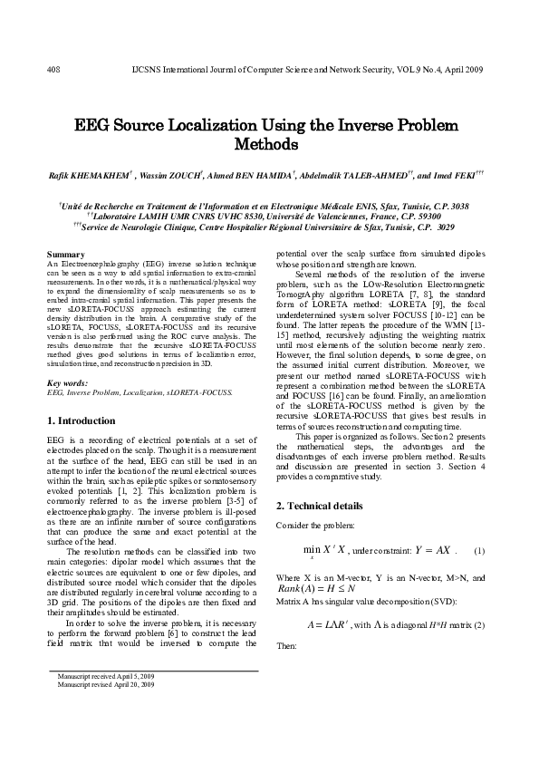 (PDF) EEG Source Localization Using the Inverse Problem Methods