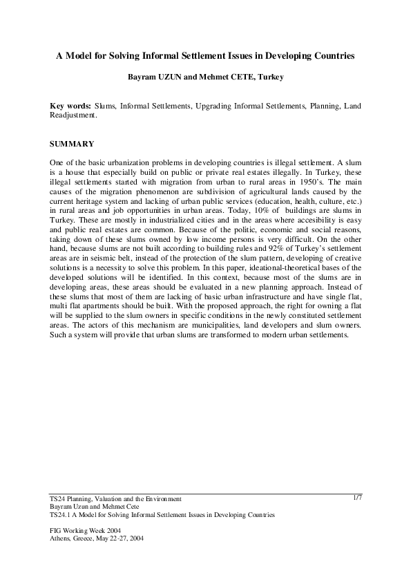(PDF) A Model for Solving Informal Settlement Issues in Developing Countries