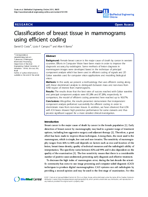 (PDF) Classification of breast tissue in mammograms using efficient coding