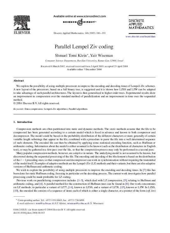 (PDF) Parallel Lempel Ziv coding
