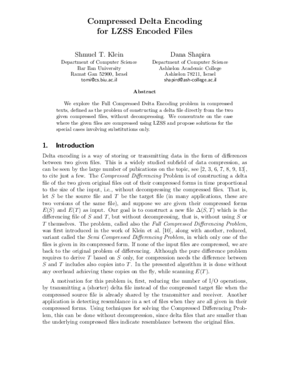 (PDF) Compressed Delta Encoding for LZSS Encoded Files | Shmuel Tomi ...