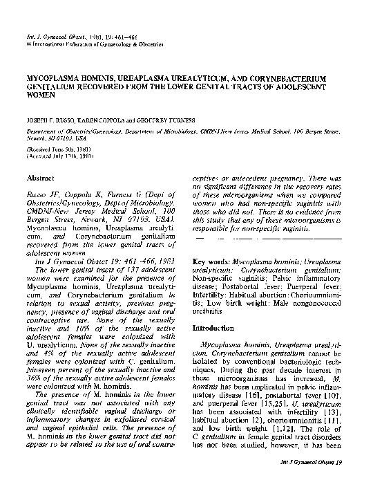 (PDF) Mycoplasma hominis, ureaplasma urealyticum, and corynebacterium ...