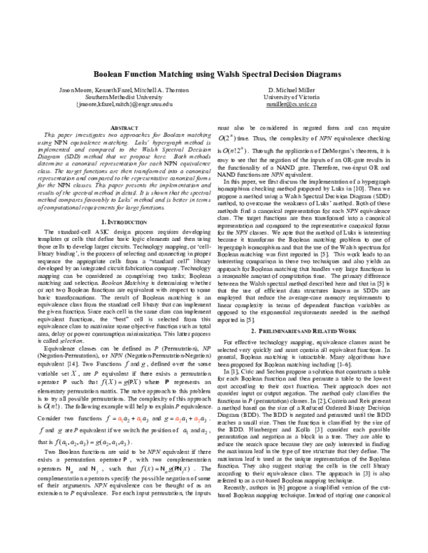 Pdf Boolean Function Matching Using Walsh Spectral Decision Diagrams Mitchell Thornton