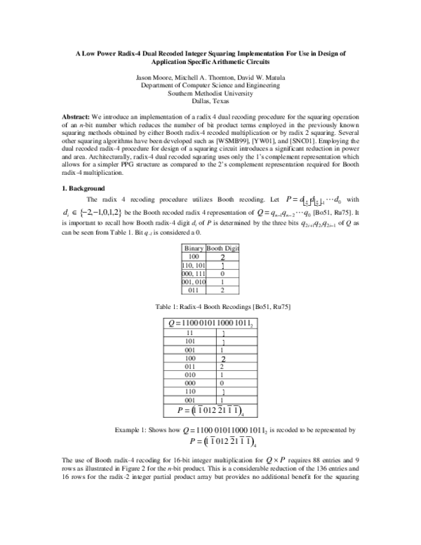 (PDF) A low power radix-4 dual recoded integer squaring implementation for use in design of ...