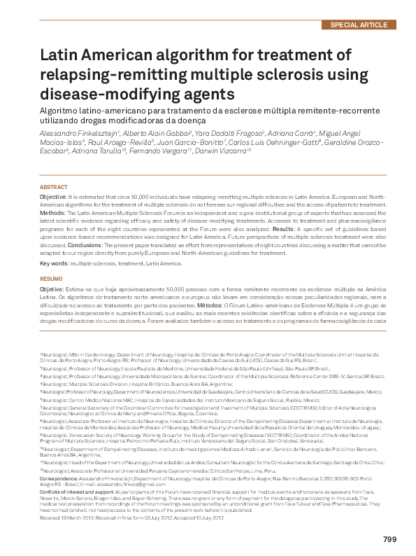 (PDF) Latin American algorithm for treatment of relapsing-remitting multiple sclerosis using ...