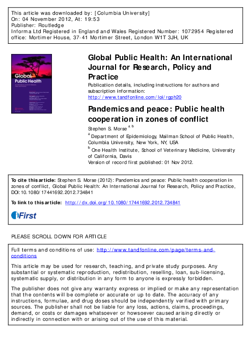(PDF) Pandemics and peace: Public health cooperation in zones of conflict