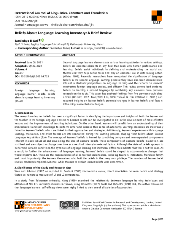 (PDF) Beliefs About Language Learning Inventory: A Brief Review