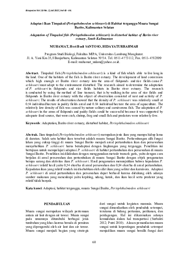(PDF) Adaptasi Ikan Timpakul (Perioptholmodon schlosseri) di Habitat ...