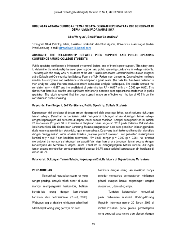 (PDF) Hubungan Antara Dukungan Teman Sebaya Dengan Kepercayaan Diri Berbicara DI Depan Umum Pada ...