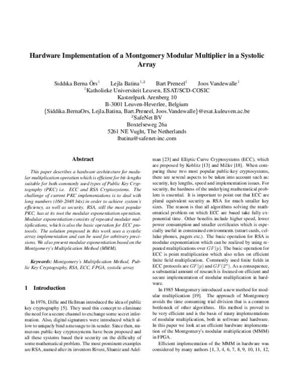 Pdf Hardware Implementation Of A Montgomery Modular Multiplier In A Systolic Array
