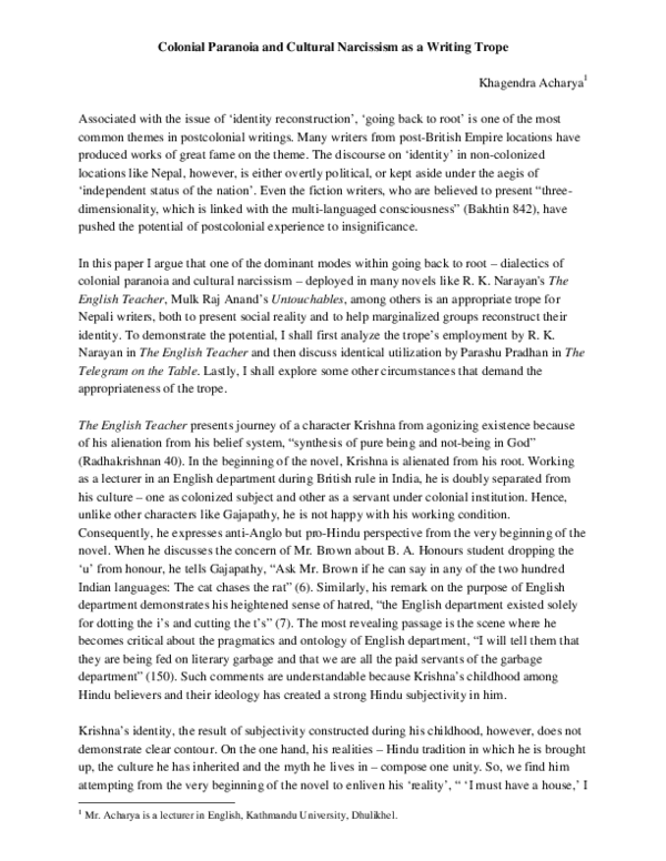 (PDF) Colonial Paranoia and Cultural Narcissism as a Writing Trope
