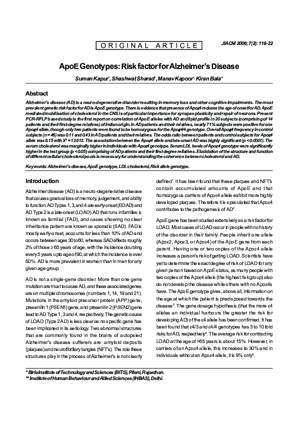 (PDF) ApoE genotypes: risk factor for Alzheimer’s disease