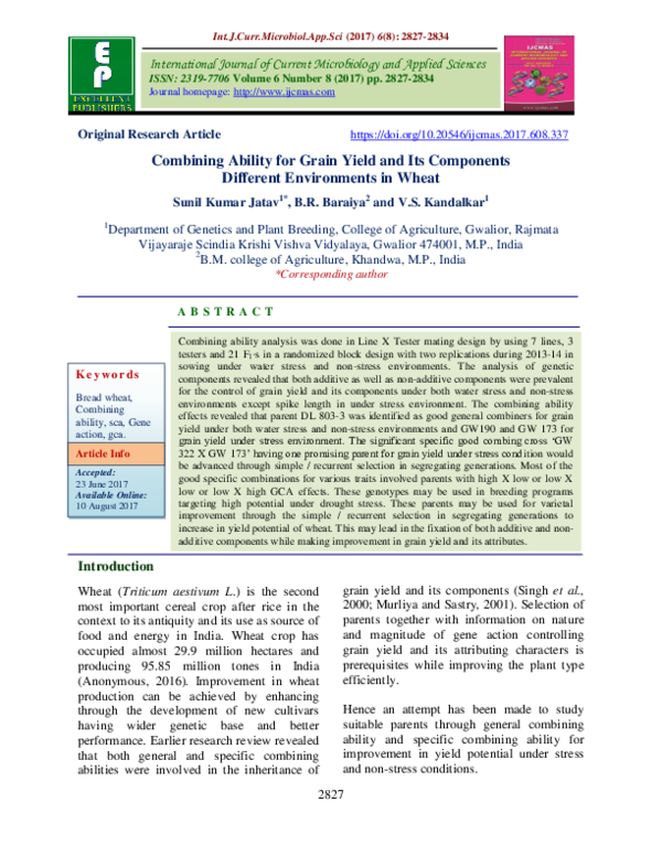 Pdf Combining Ability For Grain Yield And Its Components Different