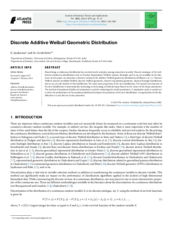 (PDF) Discrete Additive Weibull Geometric Distribution