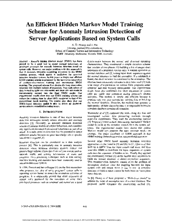 Pdf An Efficient Hidden Markov Model Training Scheme For Anomaly Intrusion Detection Of Server