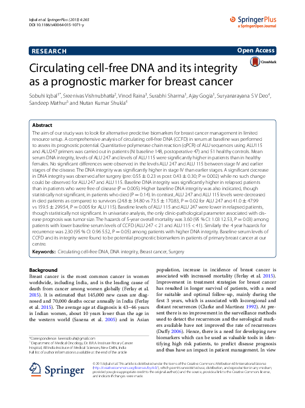 (PDF) Circulating cell-free DNA and its integrity as a prognostic ...