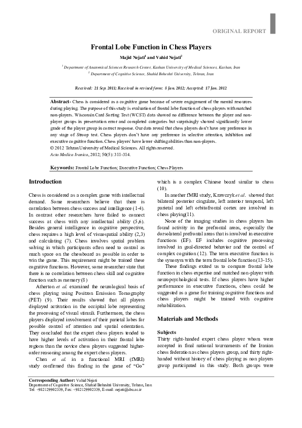 (PDF) Frontal lobe function in chess players