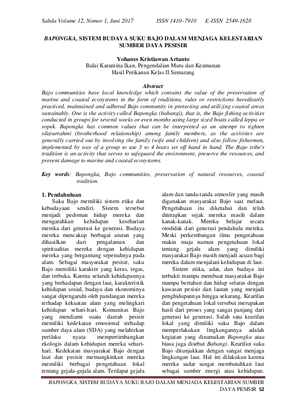 (PDF) Bapongka, Sistem Budaya Suku Bajo Dalam Menjaga Kelestarian ...