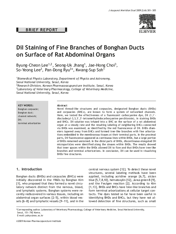 (PDF) DiI Staining of Fine Branches of Bonghan Ducts on Surface of Rat ...