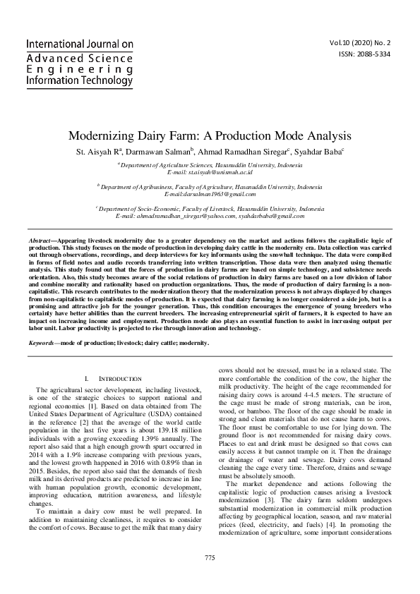 (PDF) Modernizing Dairy Farm: A Production Mode Analysis