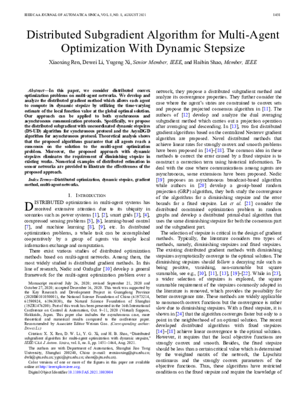 (PDF) Distributed Subgradient Algorithm for Multi-Agent Optimization With Dynamic Stepsize ...
