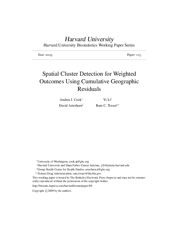 (PDF) Spatial cluster detection for weighted outcomes using cumulative geographic residuals | Dr ...