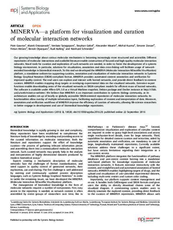 (PDF) MINERVA—a platform for visualization and curation of molecular ...