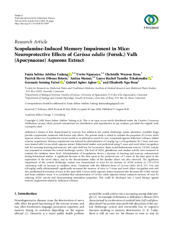 (PDF) Scopolamine-Induced Memory Impairment in Mice: Neuroprotective Effects of Carissa edulis ...