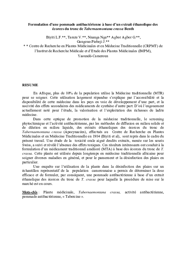 (PDF) Formulation d’une pommade antibactérienne à base d’un extrait ...