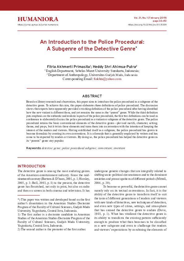 (PDF) An Introduction to the Police Procedural: A Subgenre of Detective ...