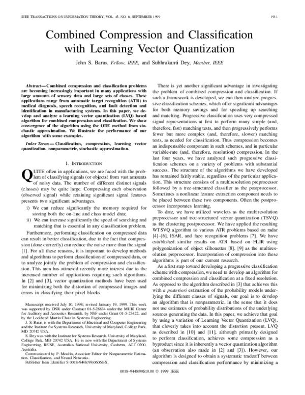 (PDF) Combined compression and classification with learning vector quantization | John Baras ...