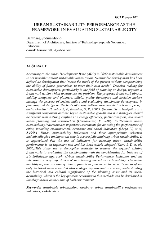 (PDF) Urban Sustainability Performance as the Framework in Evaluating ...