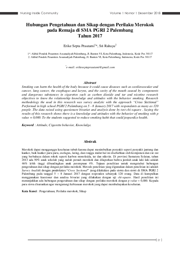 (PDF) Hubungan Pengetahuan dan Sikap dengan Perilaku Merokok pada Remaja di SMA PGRI 2 Palembang ...