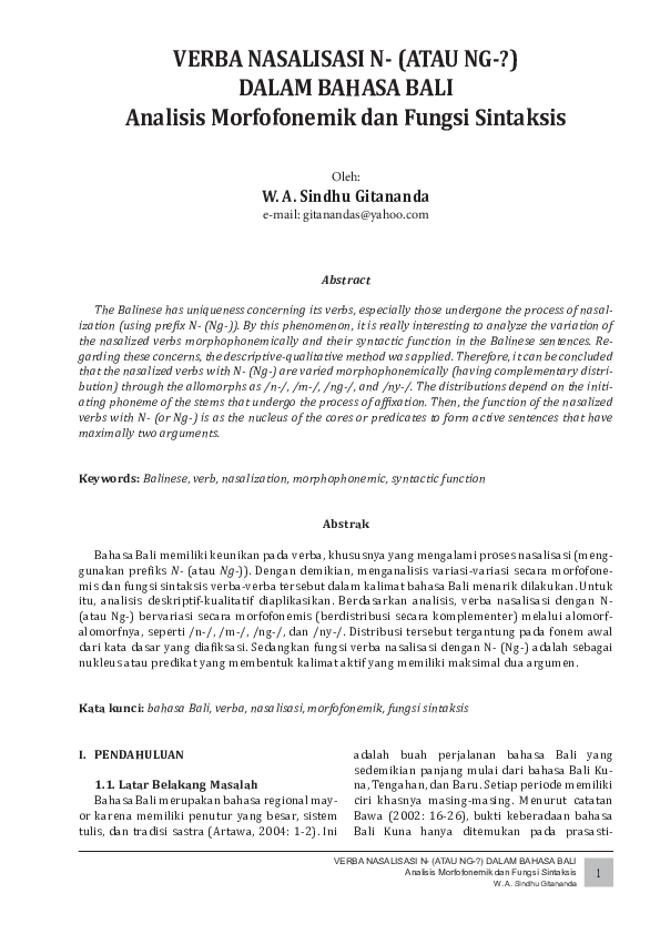 (PDF) Verba Nasalisasi N- (Atau NG-?) Dalam Bahasa Bali
