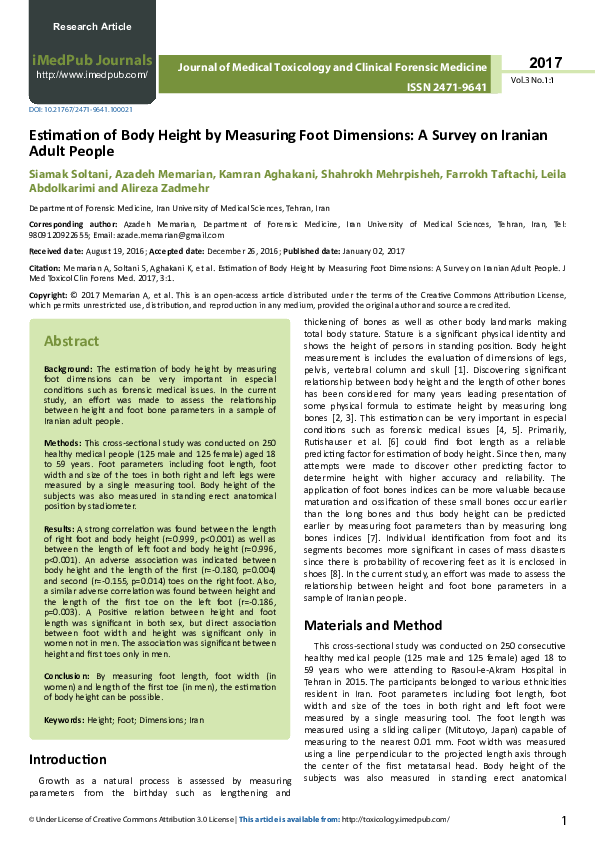 (PDF) Estimation of Body Height by Measuring Foot Dimensions: A Survey ...