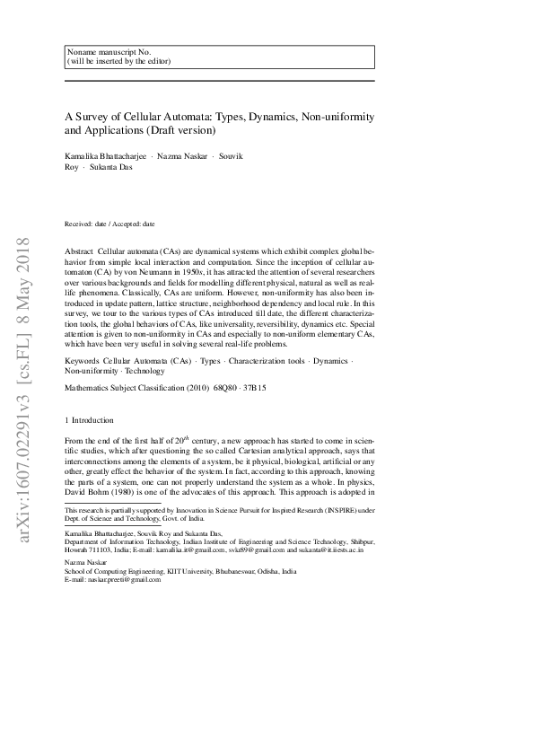 Pdf A Survey Of Cellular Automata Types Dynamics Non Uniformity