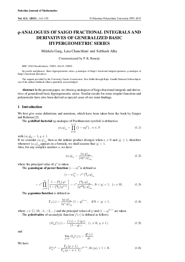 (PDF) q-ANALOGUES OF SAIGO FRACTIONAL INTEGRALS AND DERIVATIVES OF ...