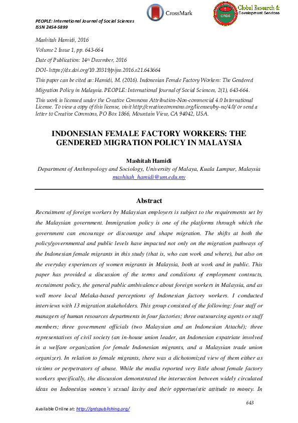 (PDF) Indonesian Female Factory Workers: The Gendered Migration Policy ...