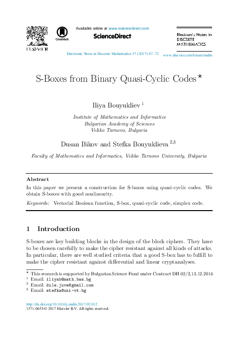 (PDF) S-Boxes from Binary Quasi-Cyclic Codes
