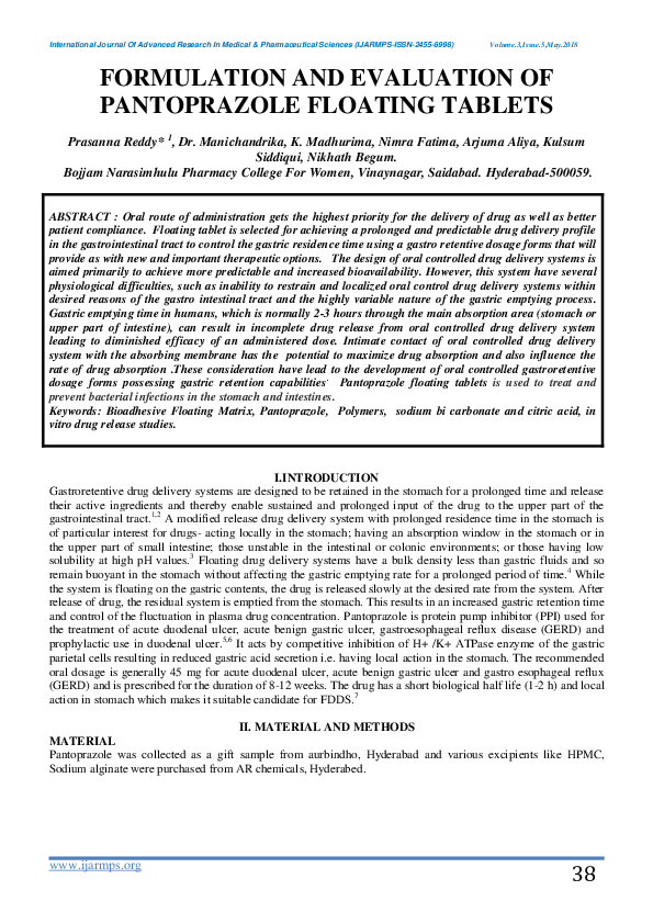 Pdf Formulation And Evaluation Of Pantoprazole Floating Tablets