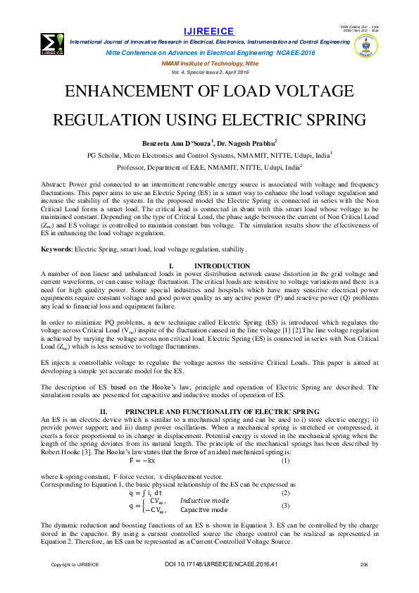 (PDF) Enhancement of Load Voltage Regulation Using Electric Spring