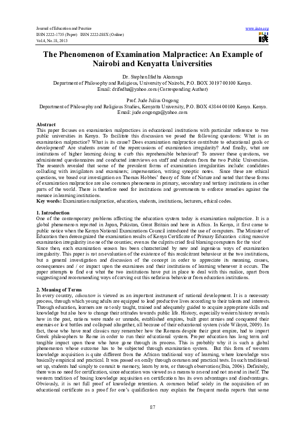 (PDF) The Phenomenon of Examination Malpractice: An Example of Nairobi ...