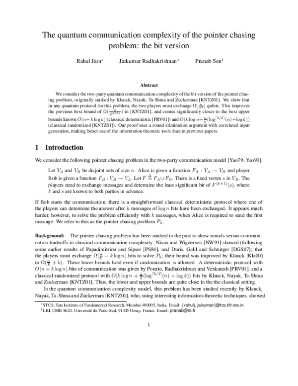 (PDF) The Quantum Communication Complexity of the Pointer Chasing Problem: The Bit Version