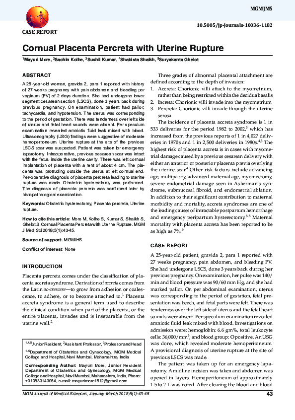 (PDF) Cornual Placenta Percreta with Uterine Rupture | MAYURI MORE ...