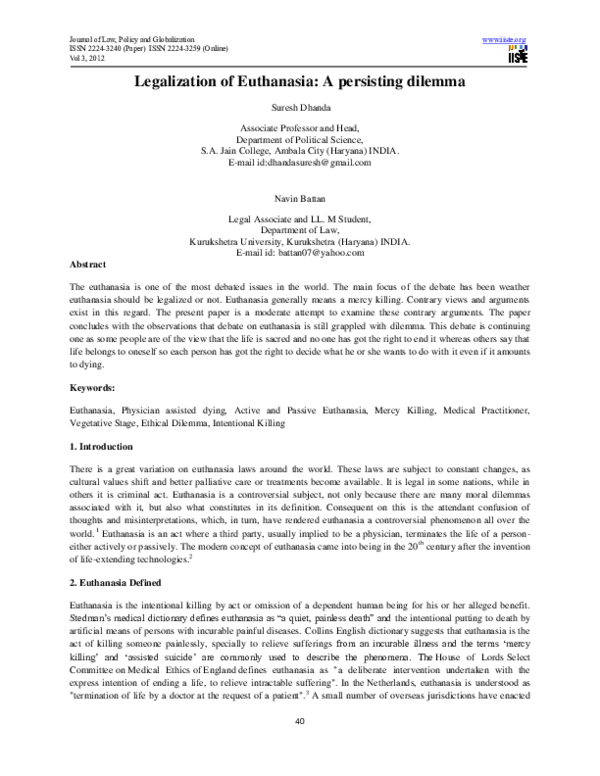 (PDF) Legalization of Euthanasia: A persisting dilemma