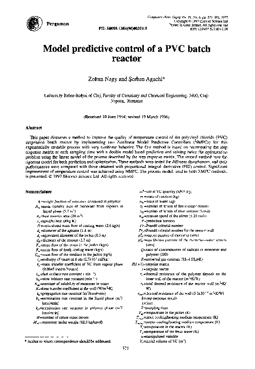 (PDF) Model predictive control of a PVC batch reactor
