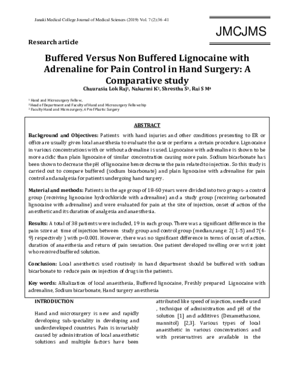 (PDF) Buffered Versus Non Buffered Lignocaine with Adrenaline for Pain Control in Hand Surgery ...