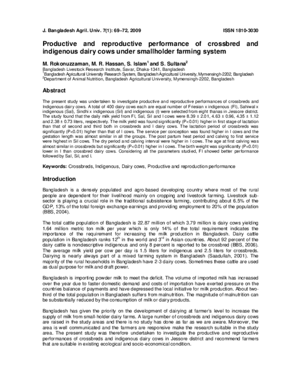 (PDF) Productive and reproductive performance of crossbred and indigenous dairy cows under ...